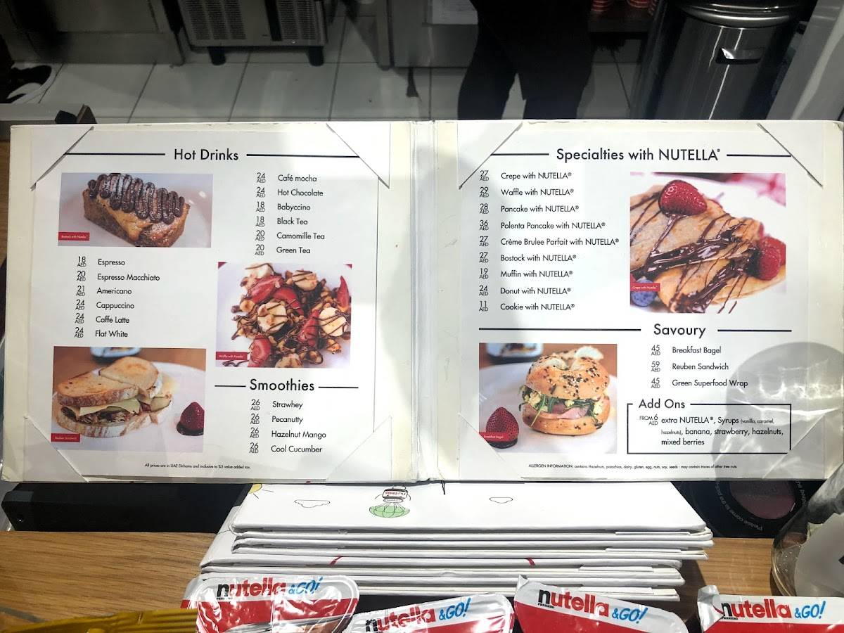 Menu at Nutella Cafe @ Dubai Airport, UAE