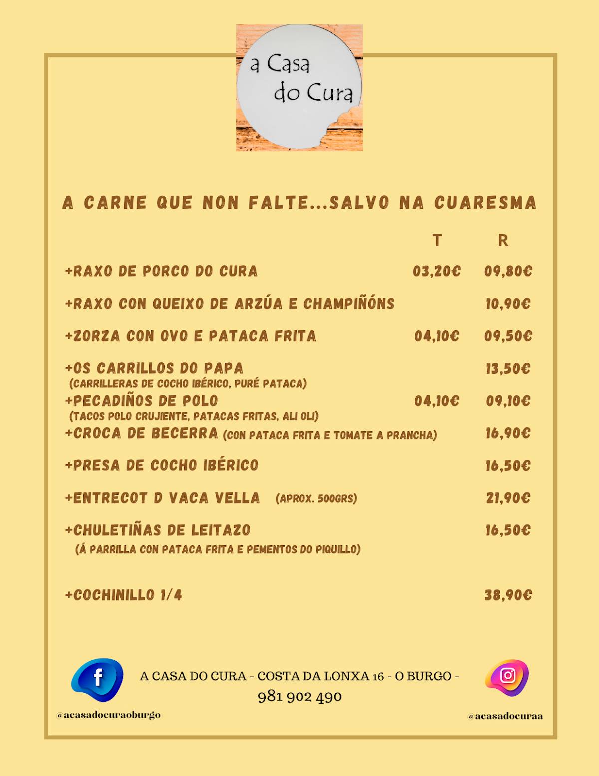 Carta del restaurante A casa do cura, O Burgo