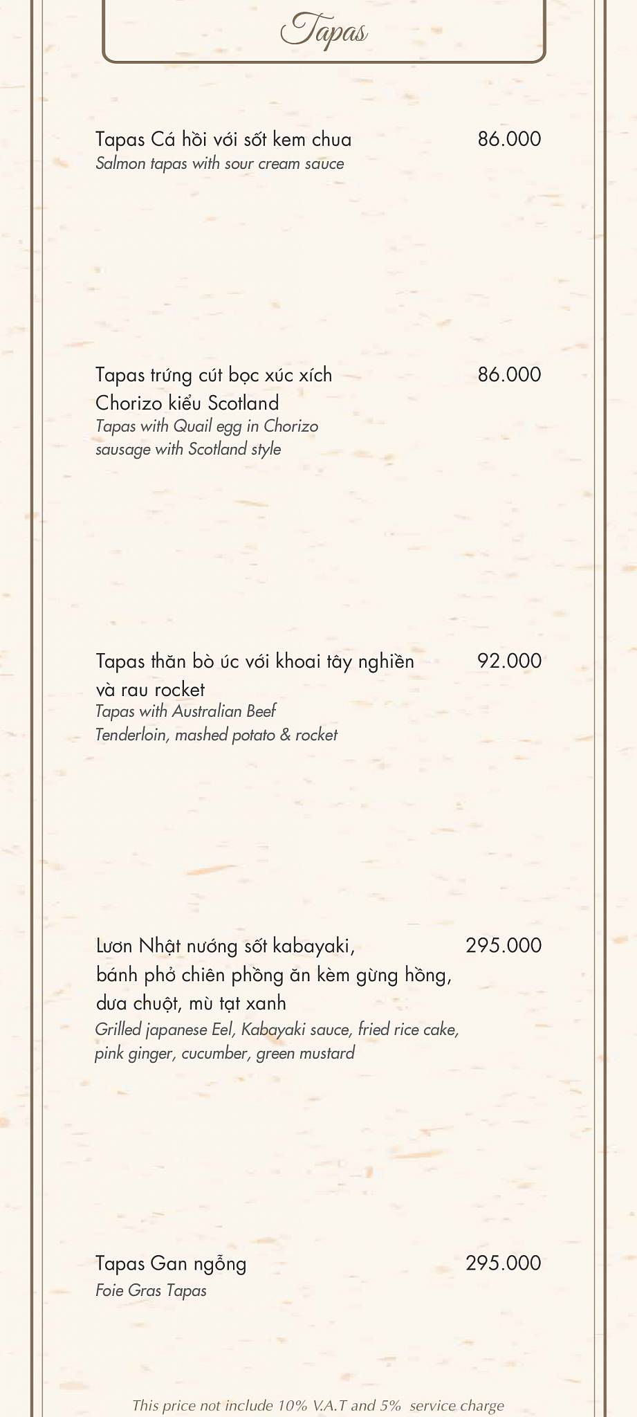 Menu at OAK Wine Boutique restaurant, Hanoi