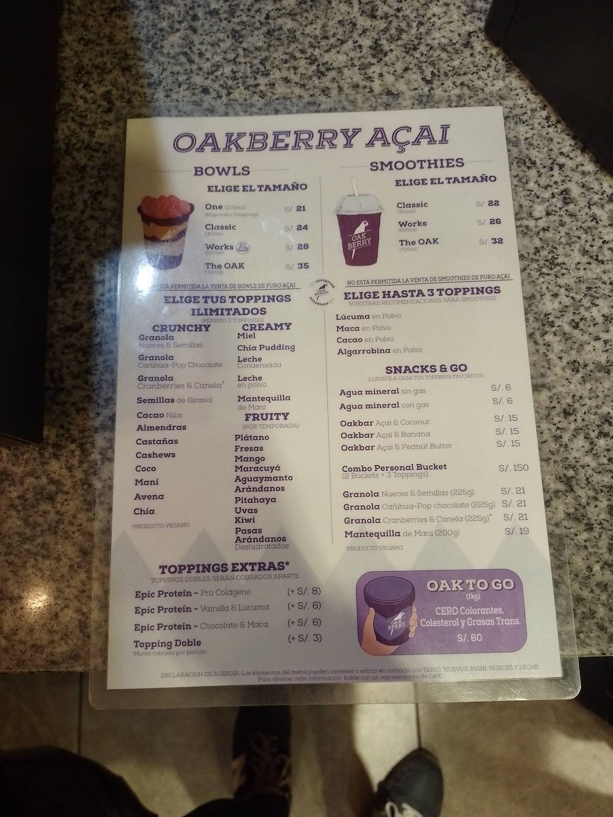 Carta del restaurante OAKBERRY Açaí Bowls San Isidro, San Isidro