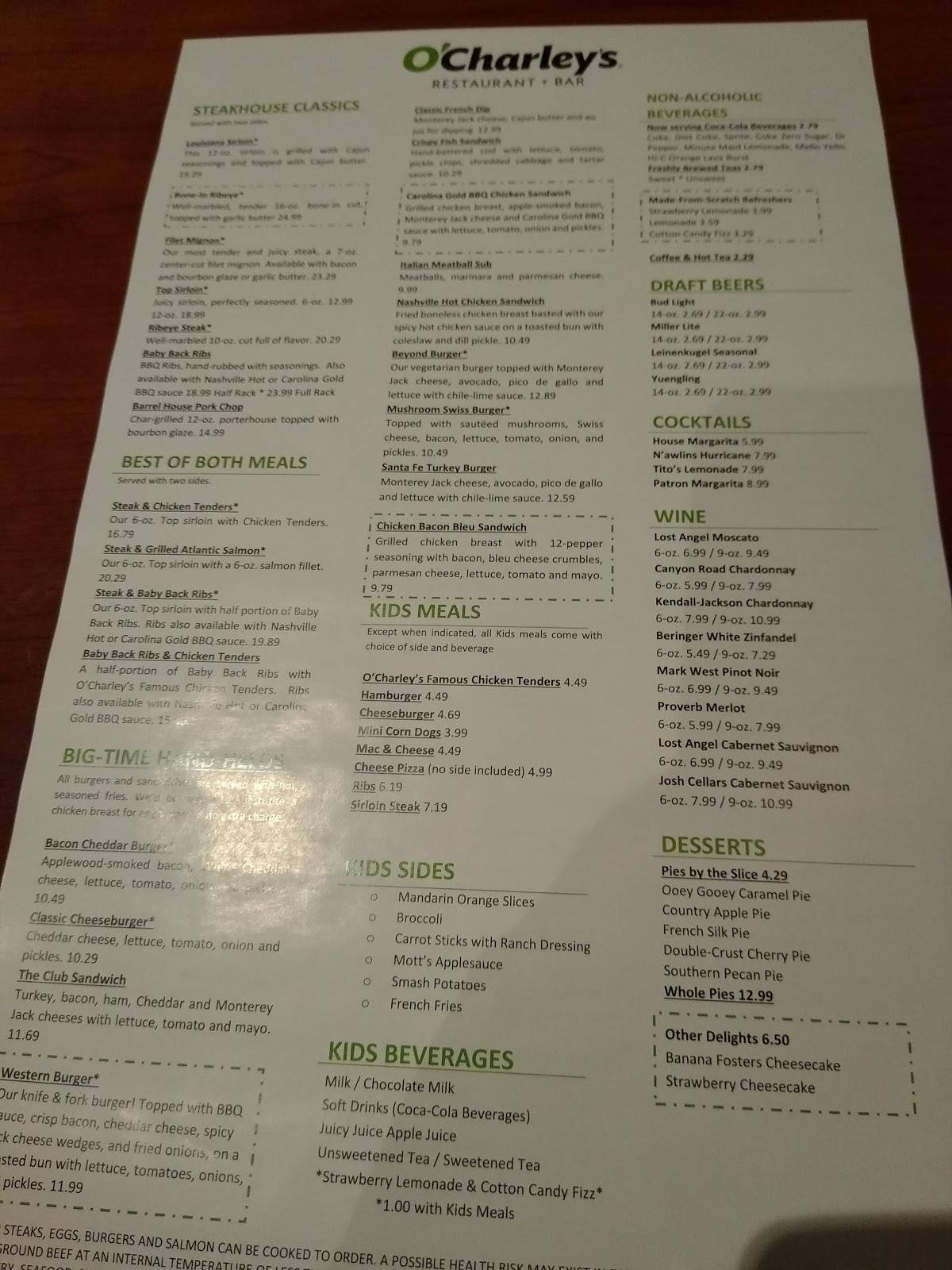 Menu at O'Charley's Restaurant & Bar, Boardman