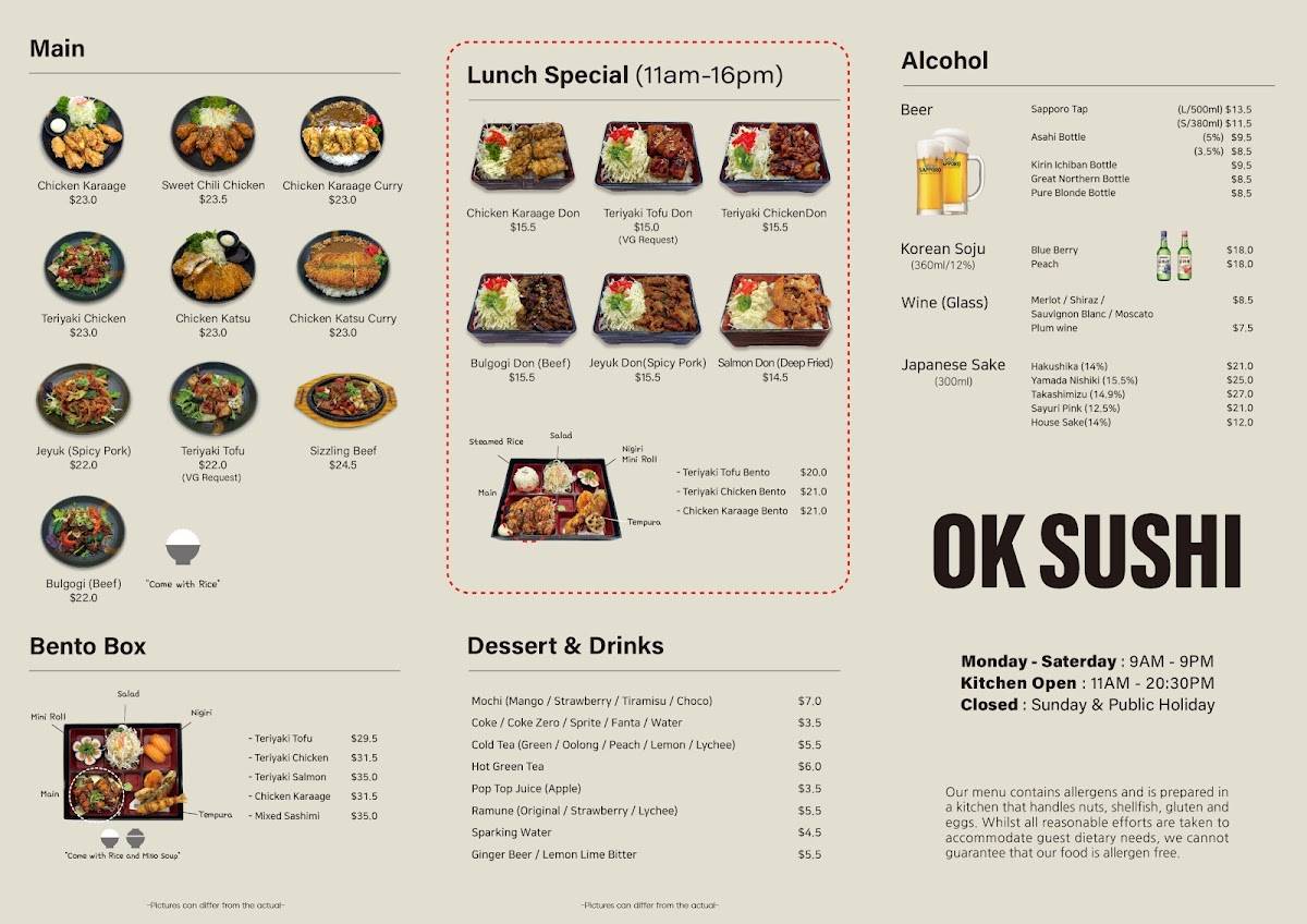 Menu at OK Sushi restaurant, Edge Hill, 139 Collins Ave
