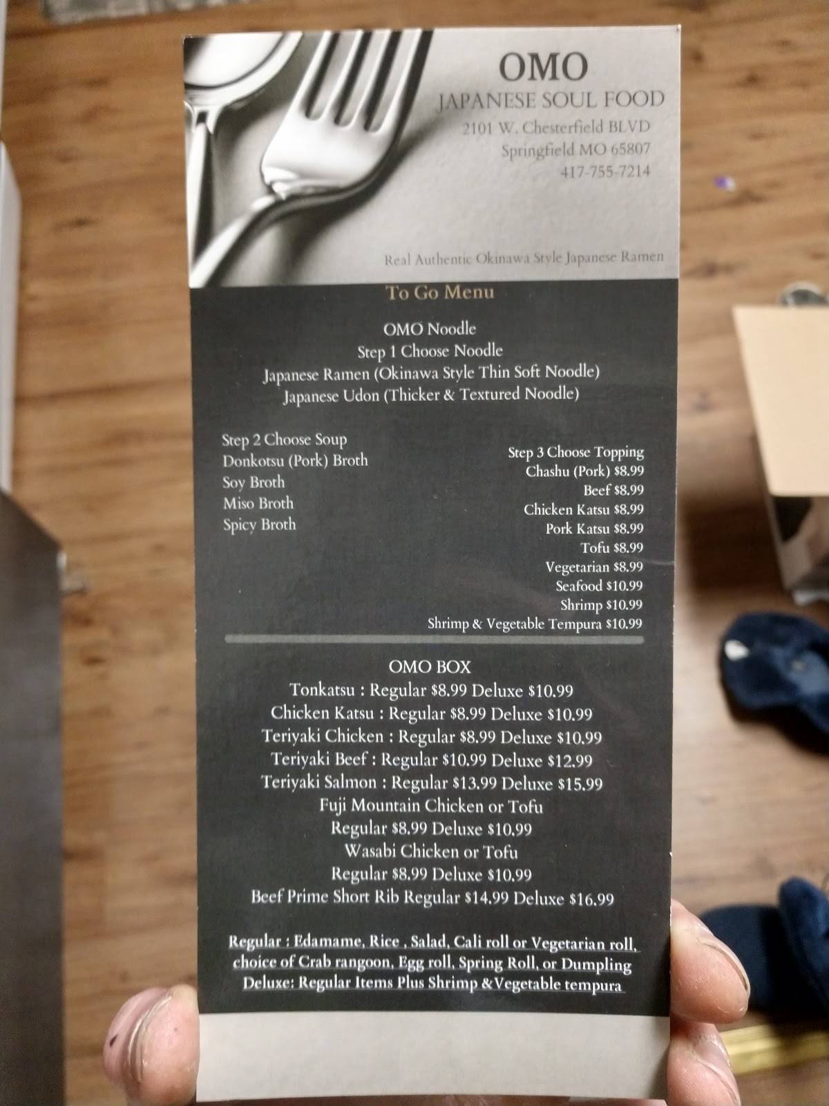 Menu at OMO Japanese Soul Food restaurant, Springfield