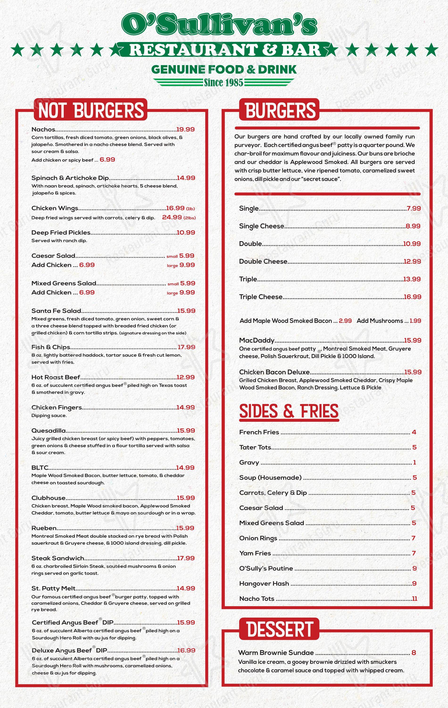 Menu at O'Sullivan's Restaurant & Bar, Calgary