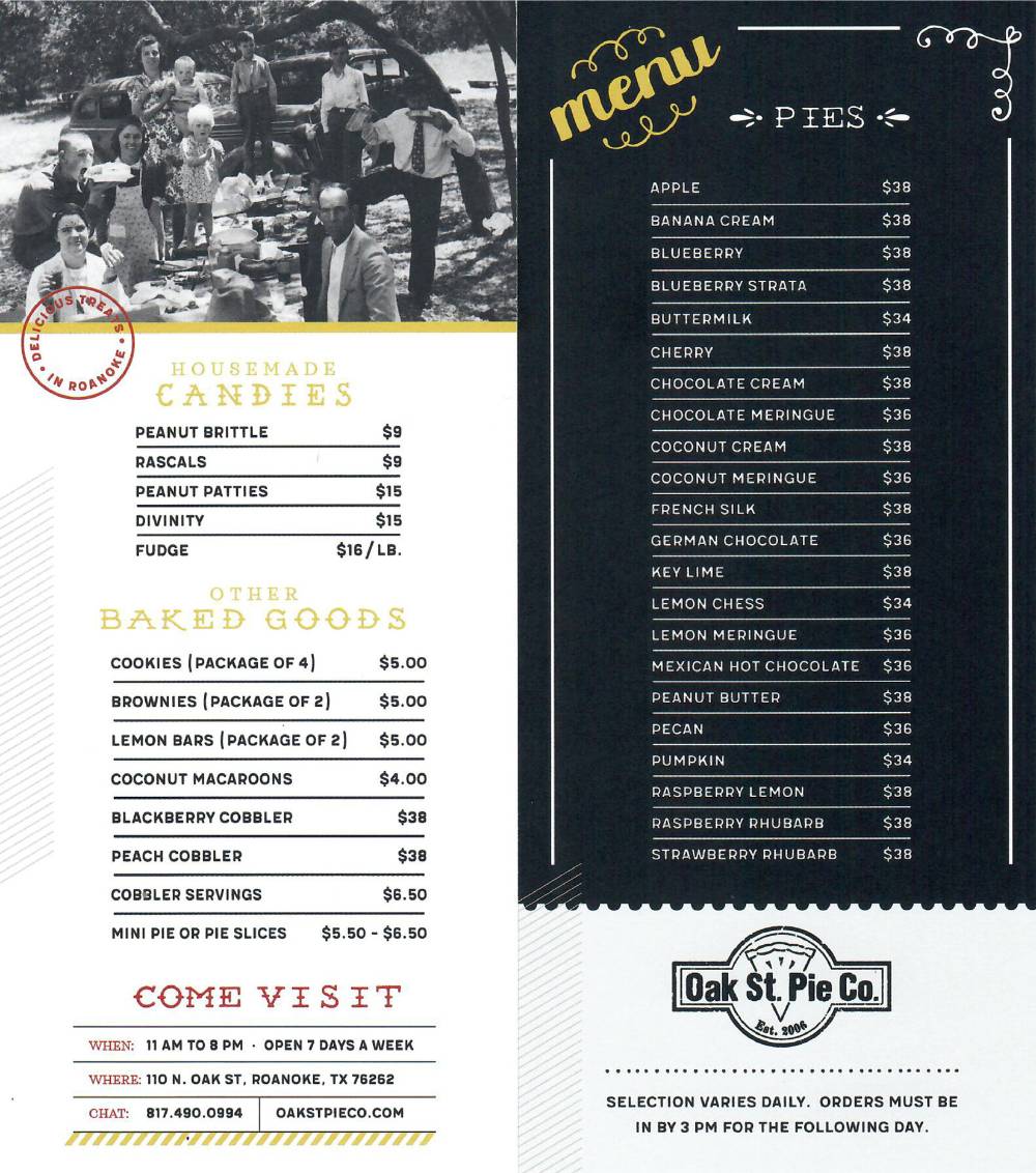 Menu at Oak Street Pie Company desserts, Roanoke