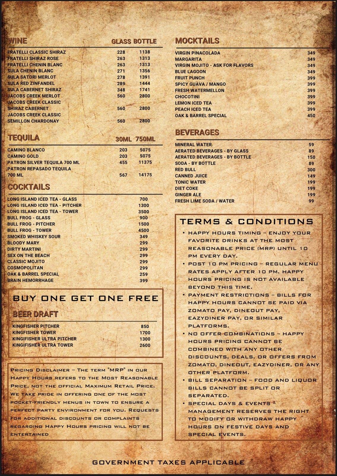 Menu at Oak & Barrel - Cafe Lounge Bar, Navi Mumbai