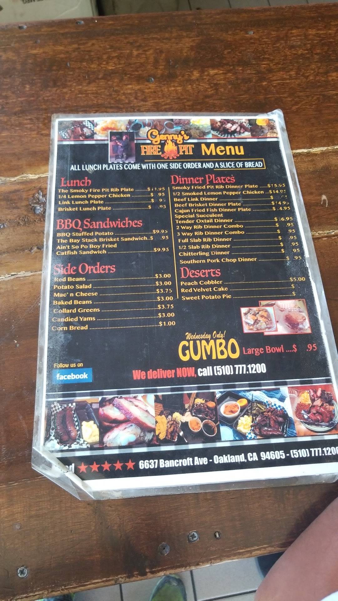 Menu at Genny's Fire Pit BBQ, Oakland
