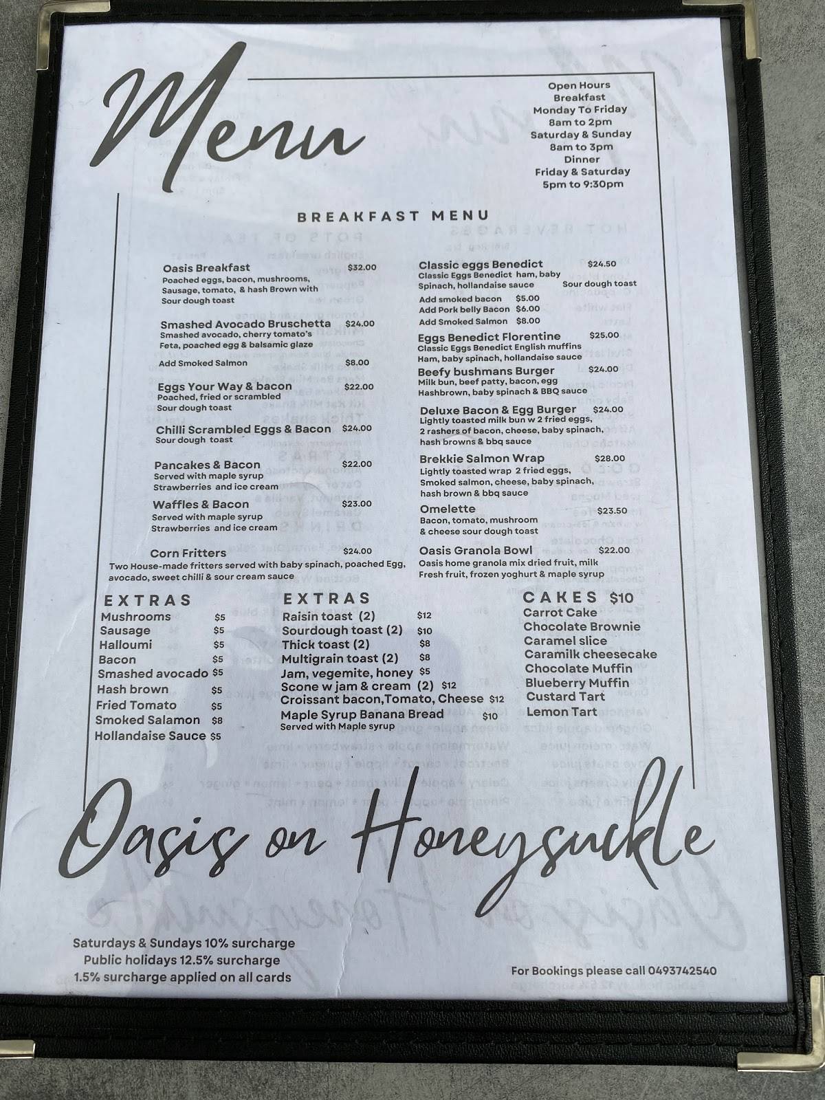 Menu at Oasis restaurant & bar on honeysuckle, Newcastle