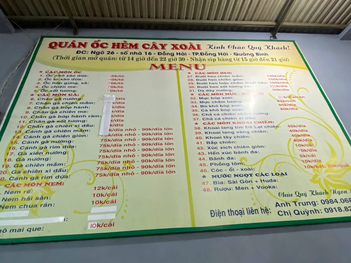 Menu at Ốc Hẻm cây Xoài restaurant, Đồng Hới