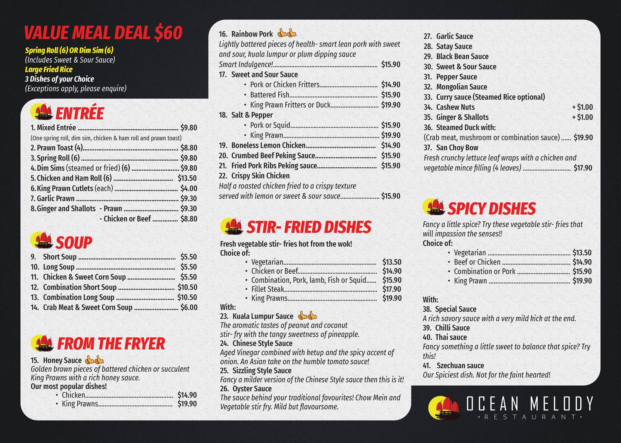 Menu at Ocean Melody Restaurant, Blackalls Park