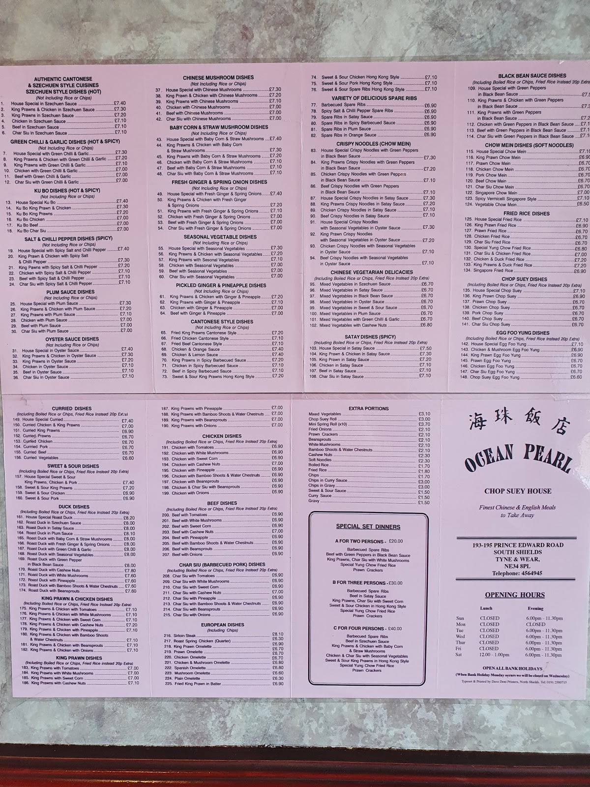 Menu at Ocean Pearl fast food, South Shields