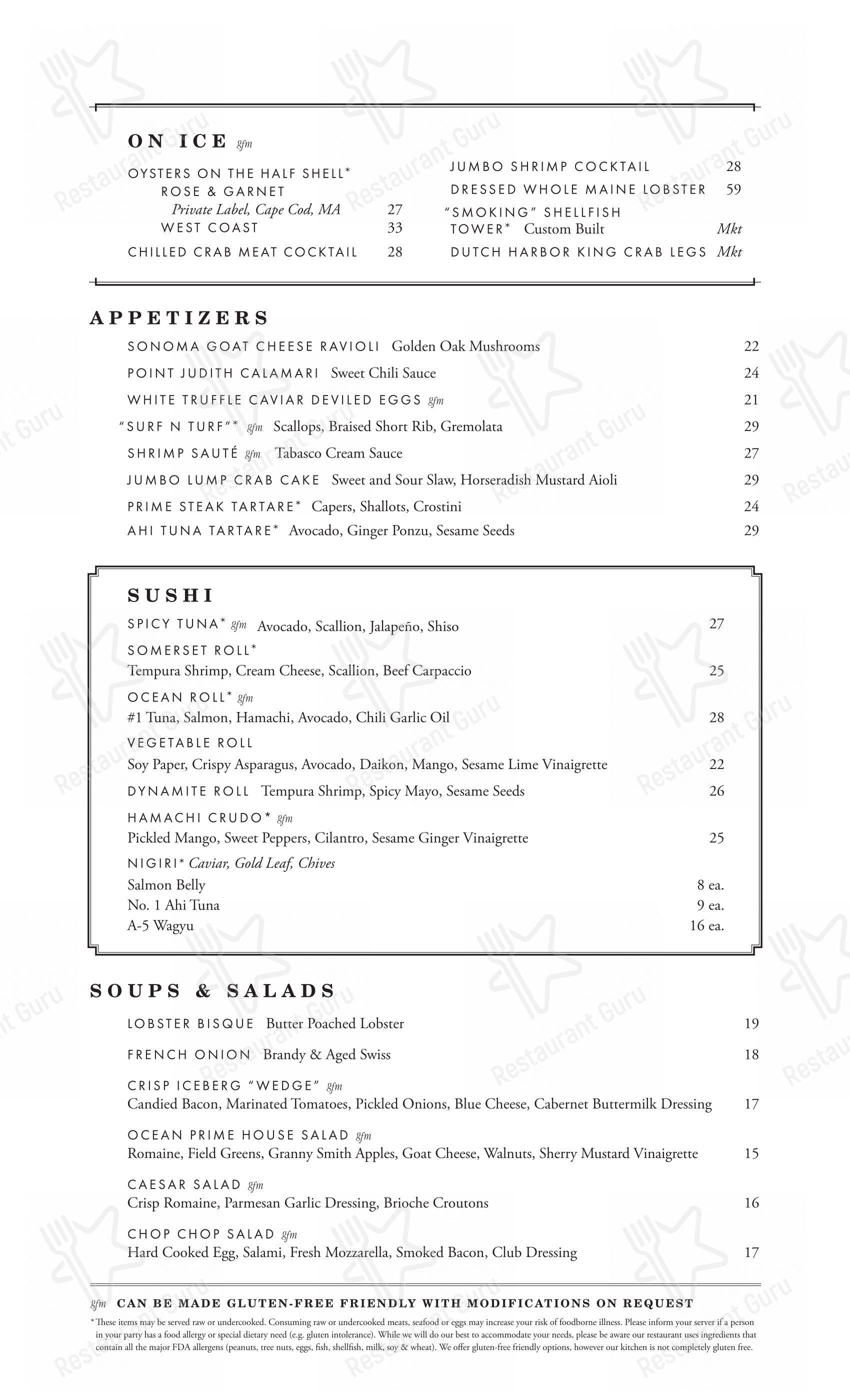 Menu at Ocean Prime Detroit steakhouse, Troy, Coolidge Hwy