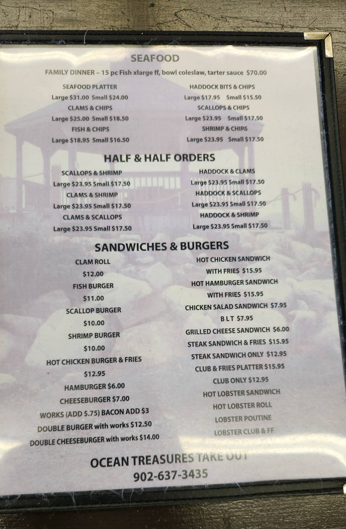 Menu at Ocean Treasures restaurant, Barrington Passage