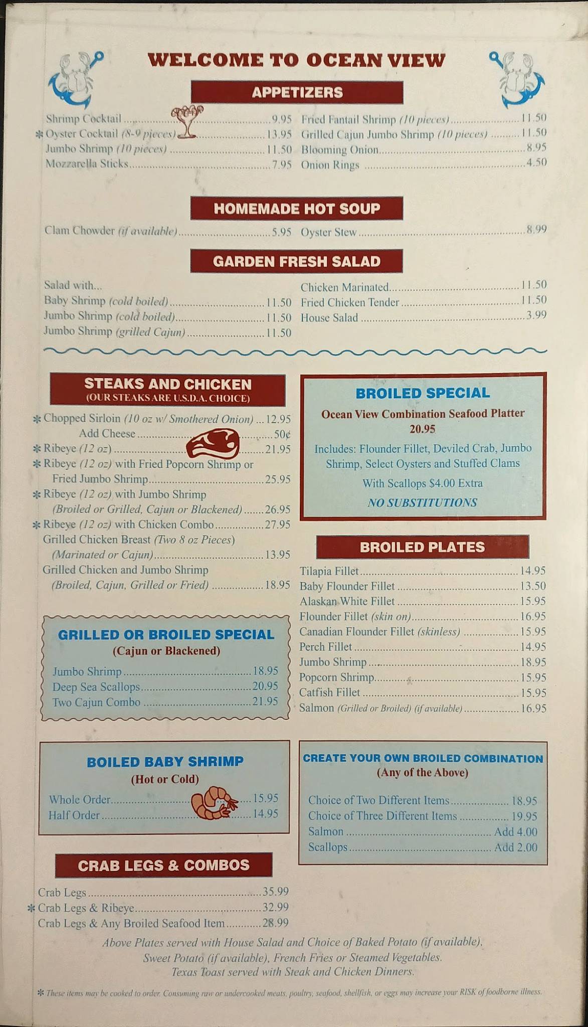 Menu at Ocean View Seafood restaurant, Lexington