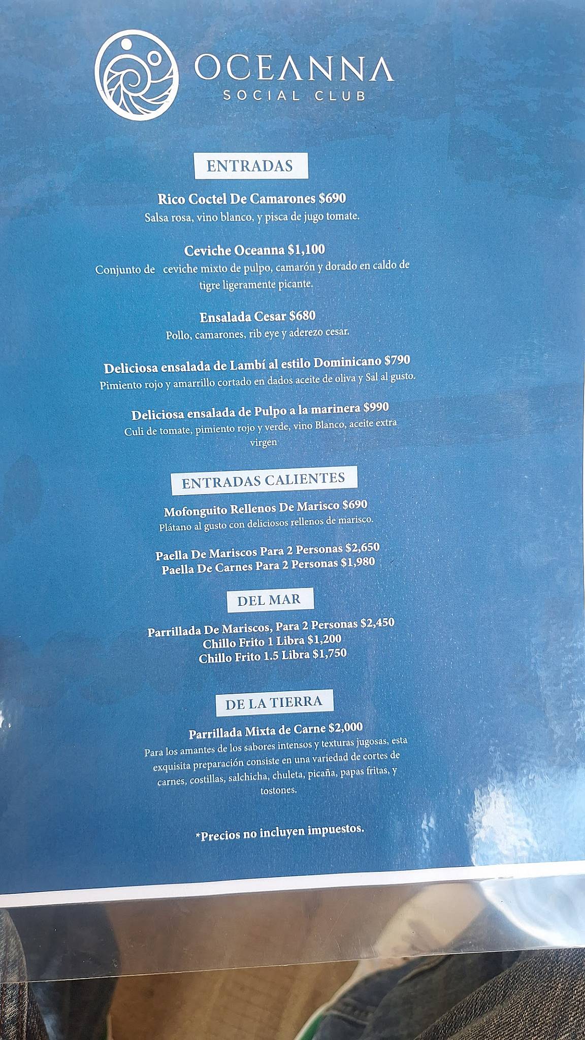 Menu at Oceanna Social Club, Juan Dolio