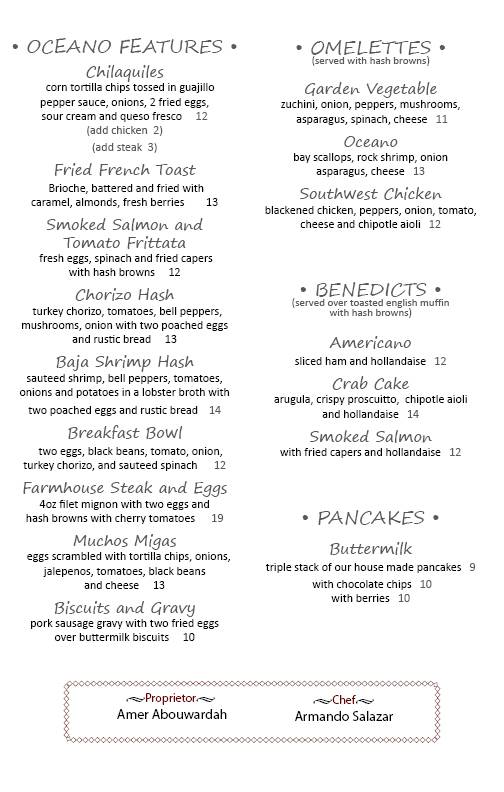 Menu at Oceano Bistro pub & bar, Clayton