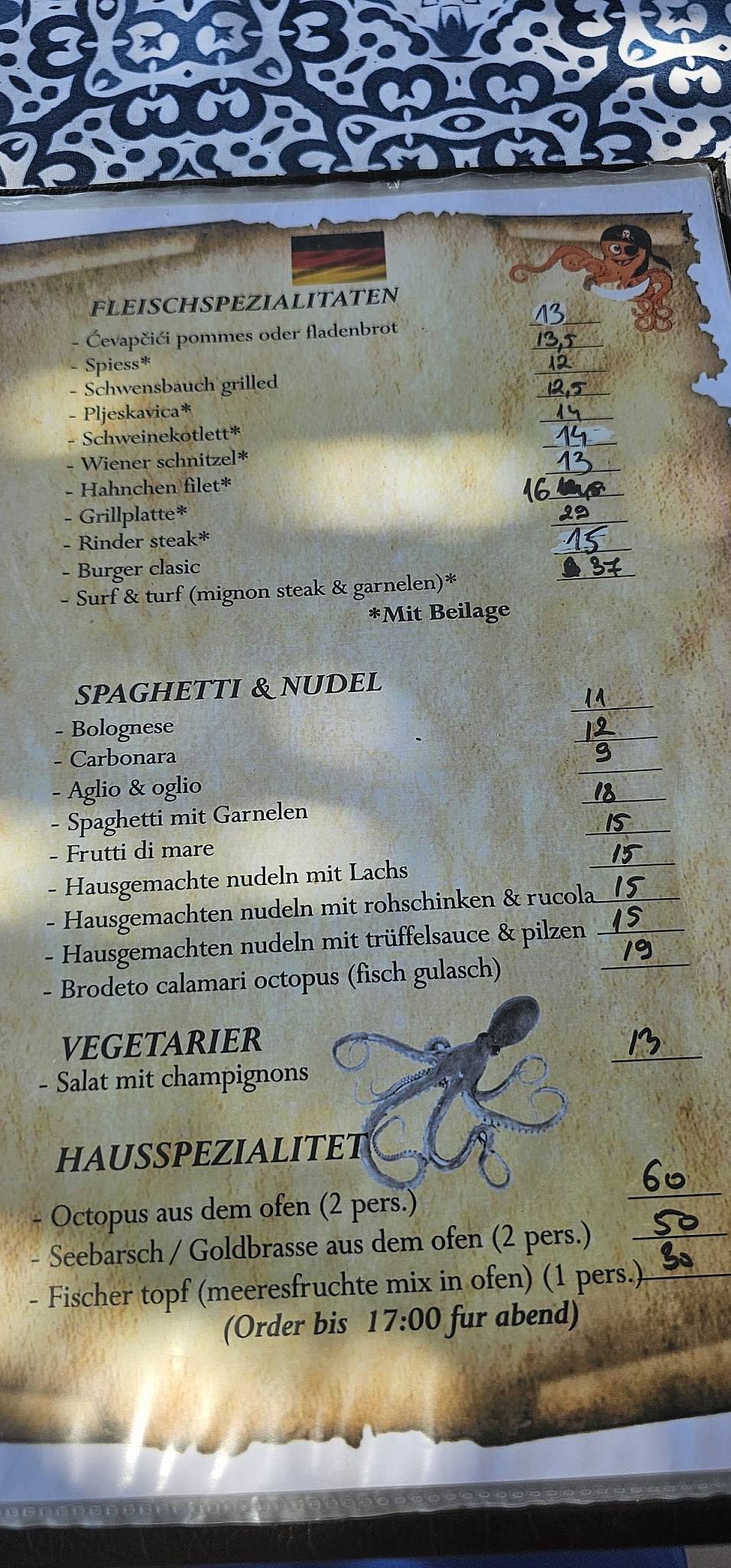 Menu at Octopus restaurant, Medulin