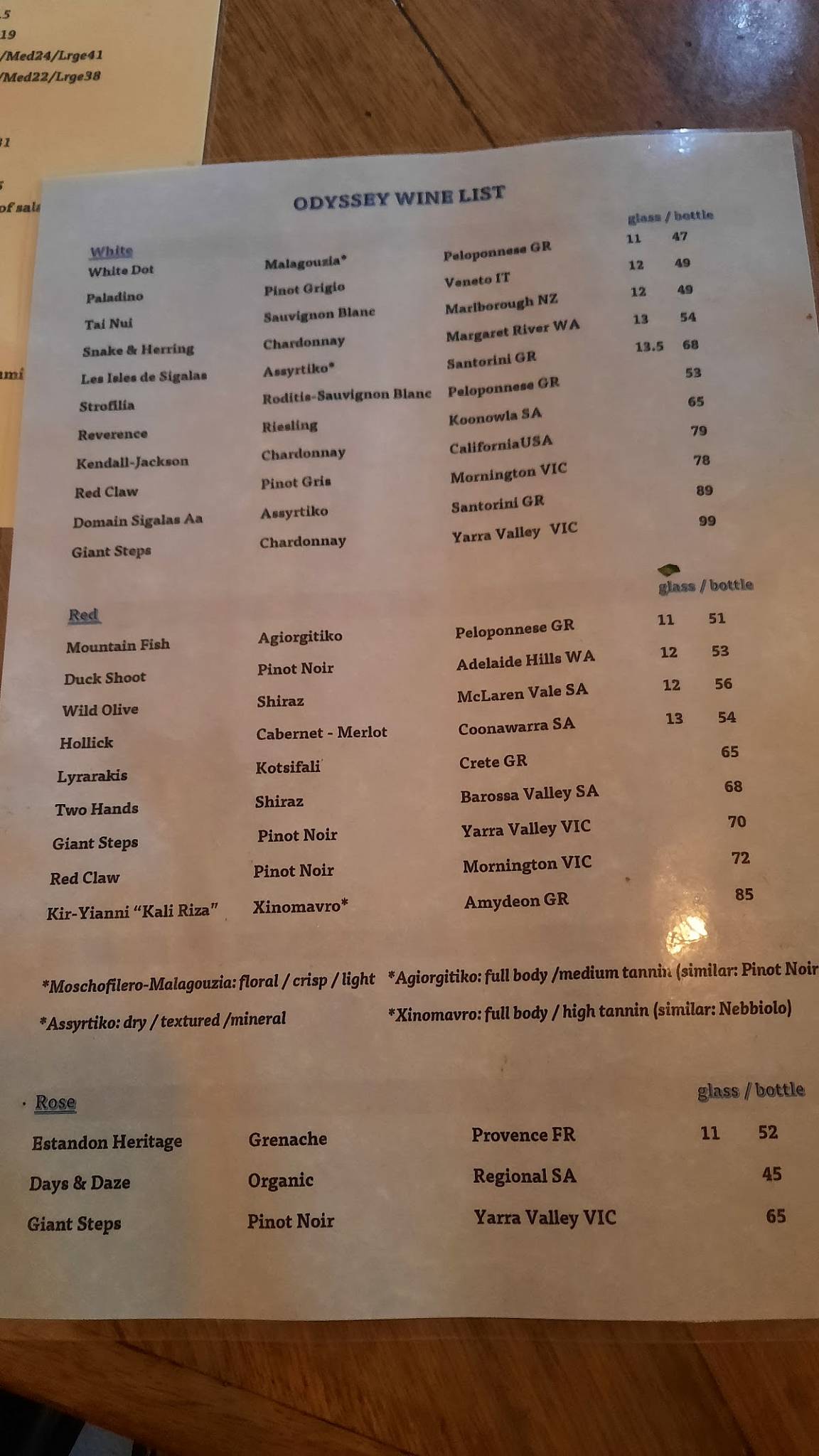 Menu at Odyssey restaurant, Elwood