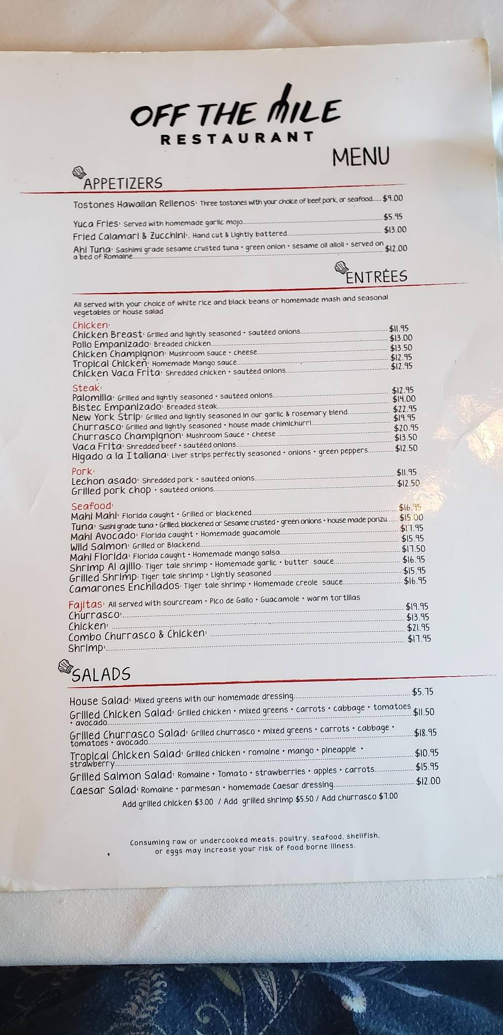 Menu at Off The Mile Restaurant, Coral Gables