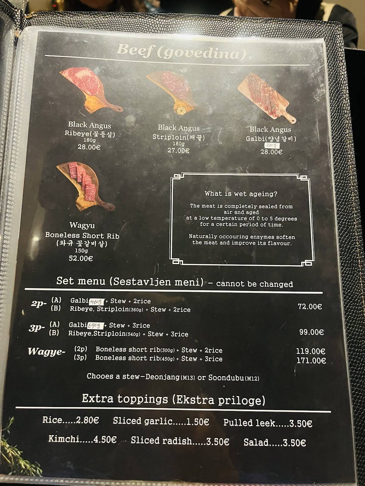 Menu at Ogam Korean Restaurant, Ljubljana