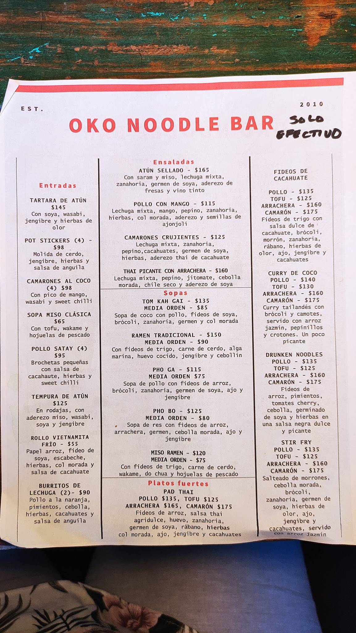Menu at Oko Noodle Bar, San Miguel de Allende