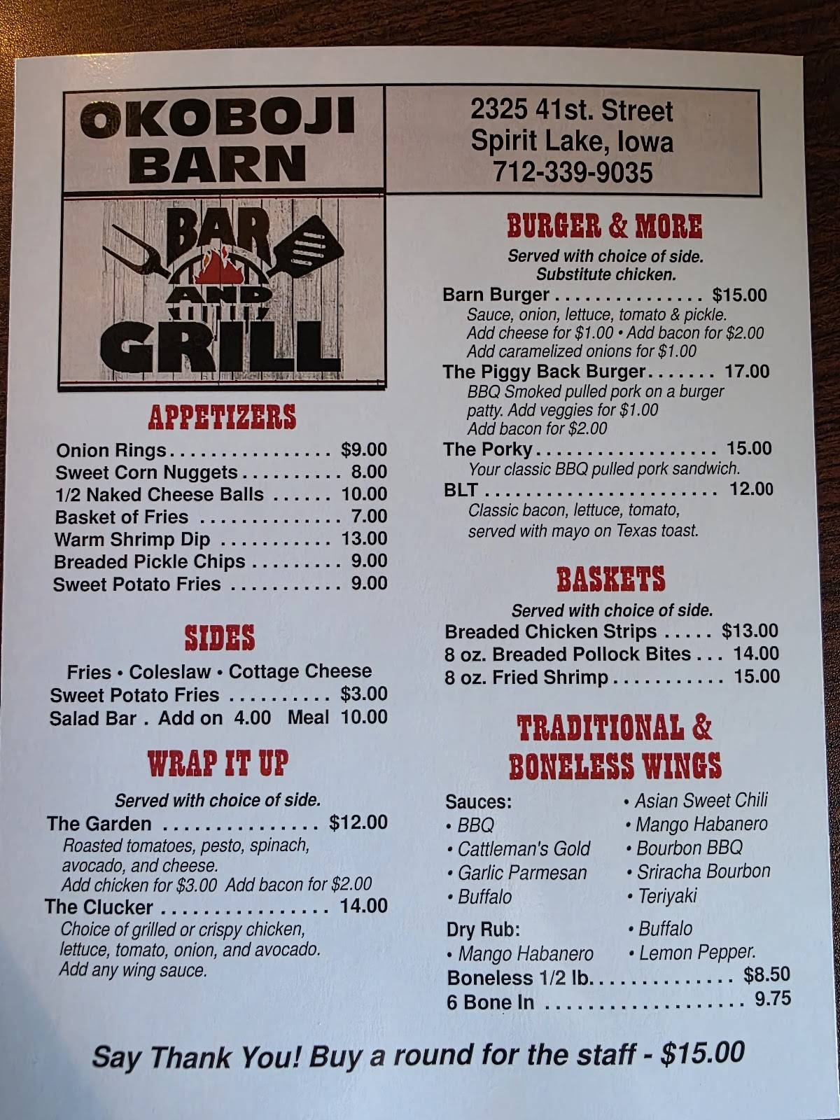 Menu at Okoboji Barn Bar & Grill, Spirit Lake