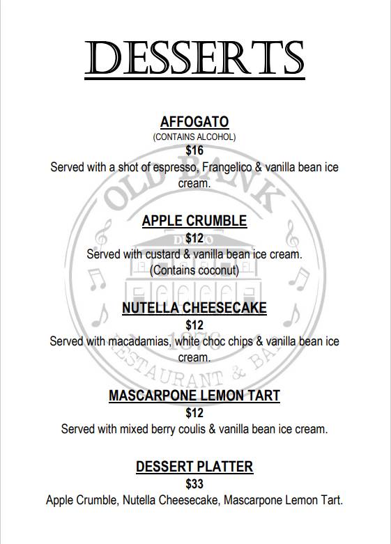 Menu at Old Bank Restaurant & Bar, Dubbo