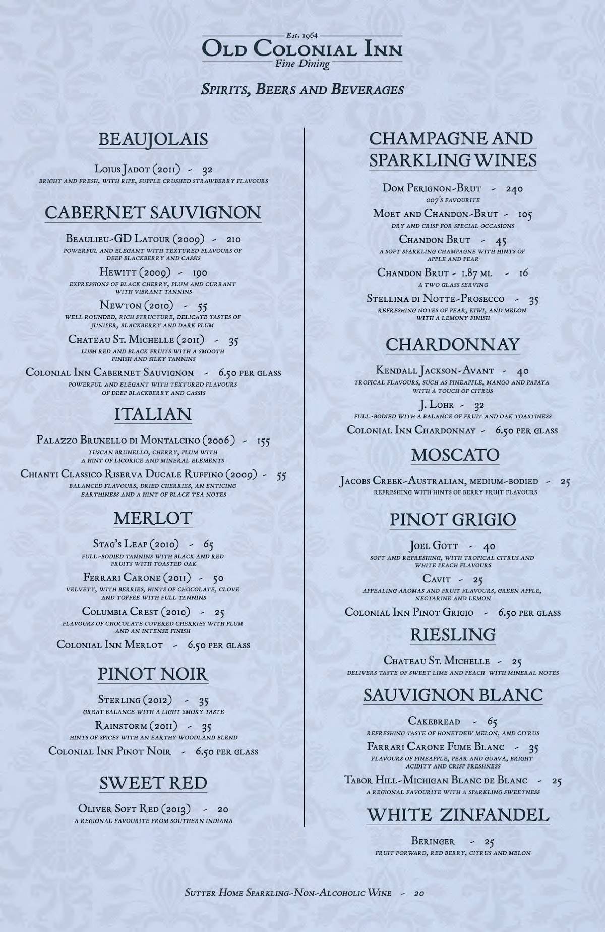 Menu at Old Colonial Inn steakhouse, Kentland