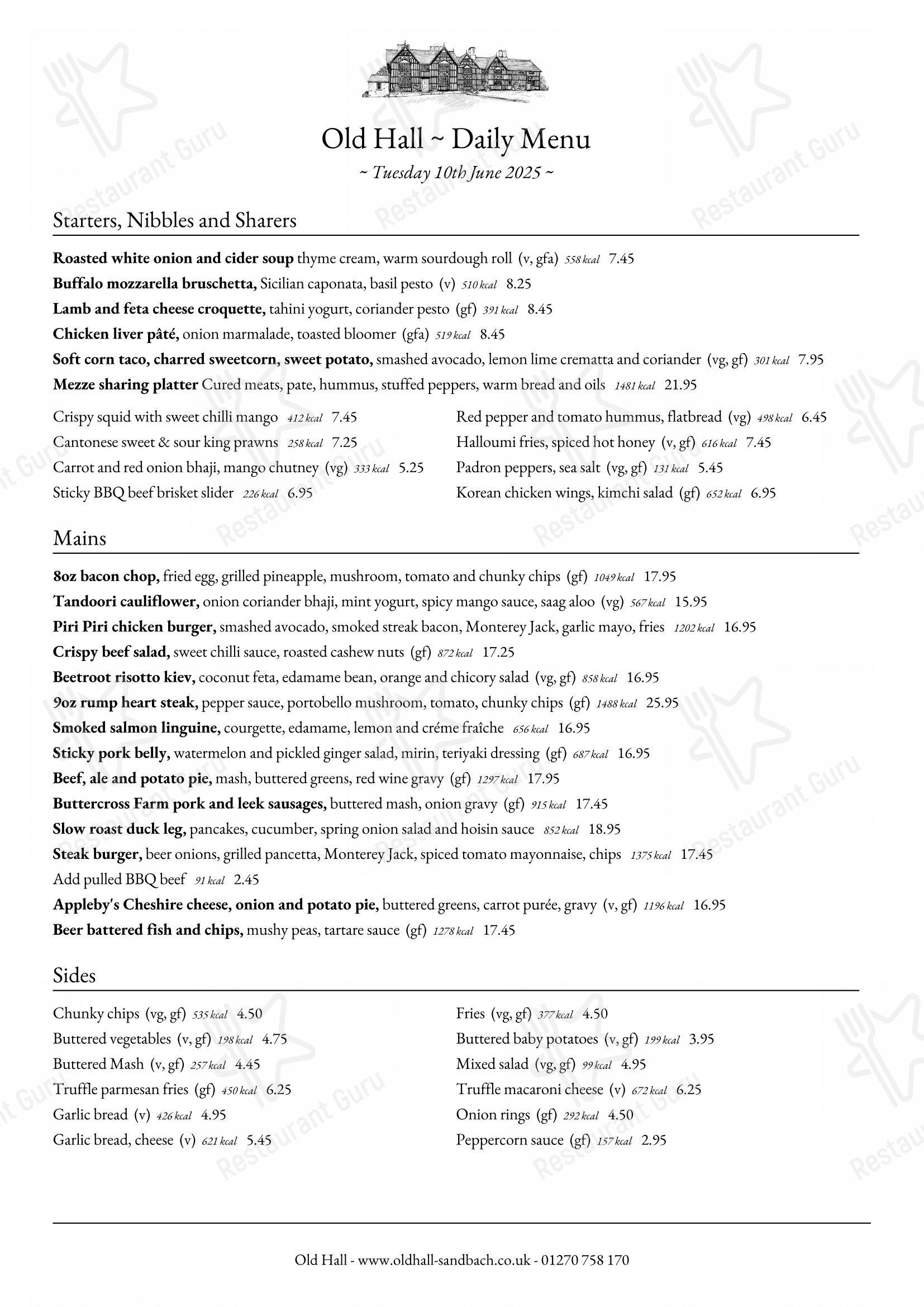 Menu at Old Hall pub & bar, Sandbach