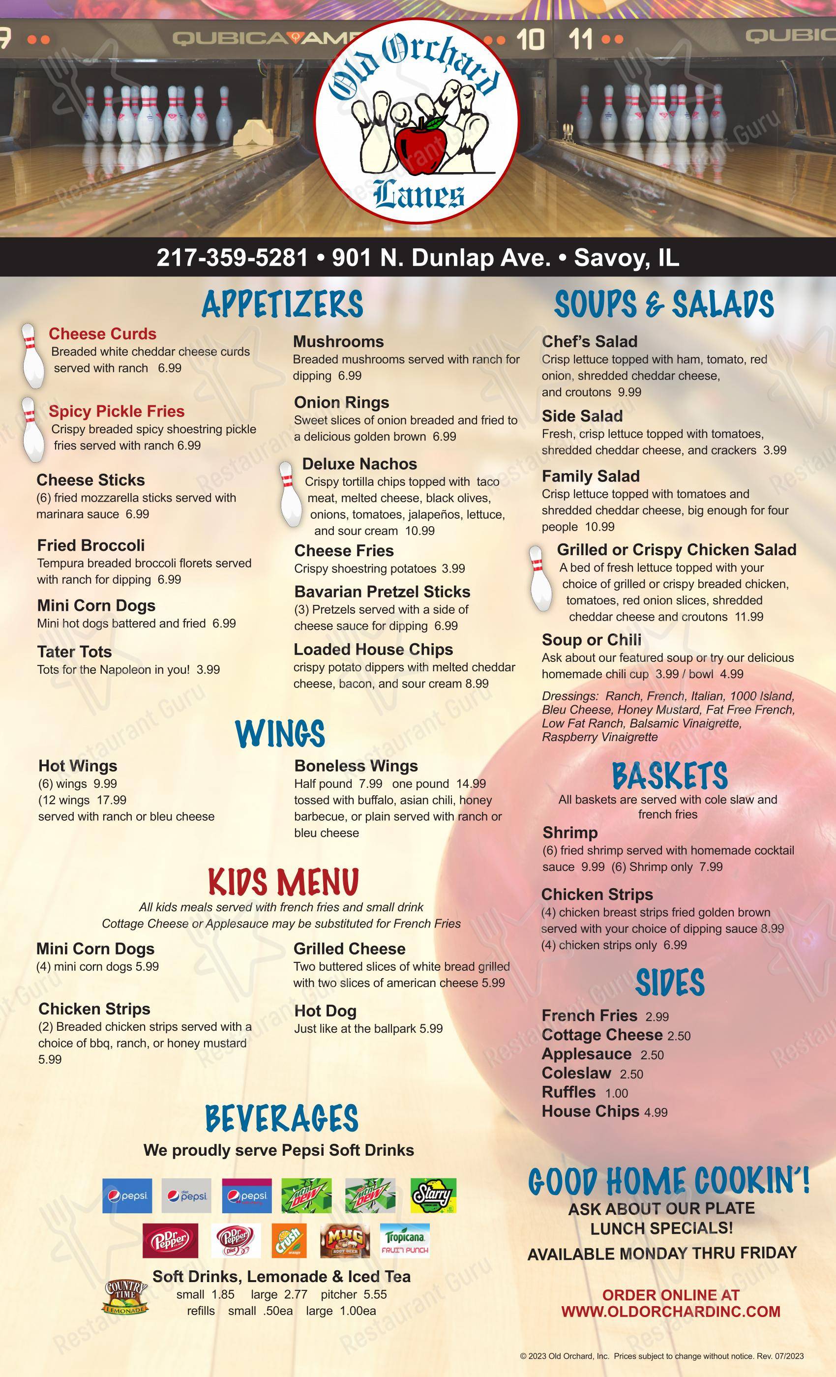 Menu at Old Orchard Lanes & Links restaurant, Savoy, 901 N Dunlap Ave