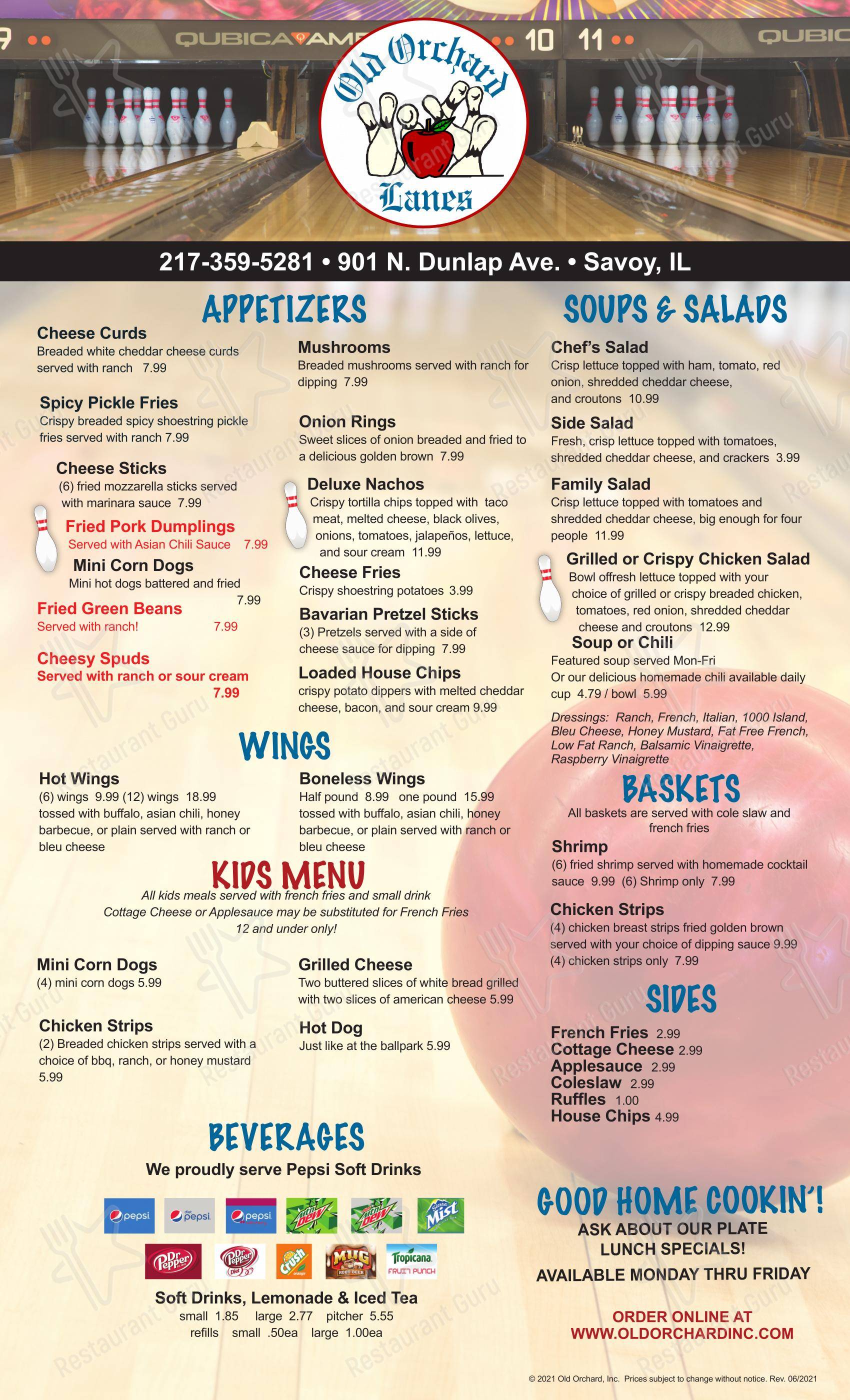 Menu at Old Orchard Lanes & Links restaurant, Savoy, 901 N Dunlap Ave