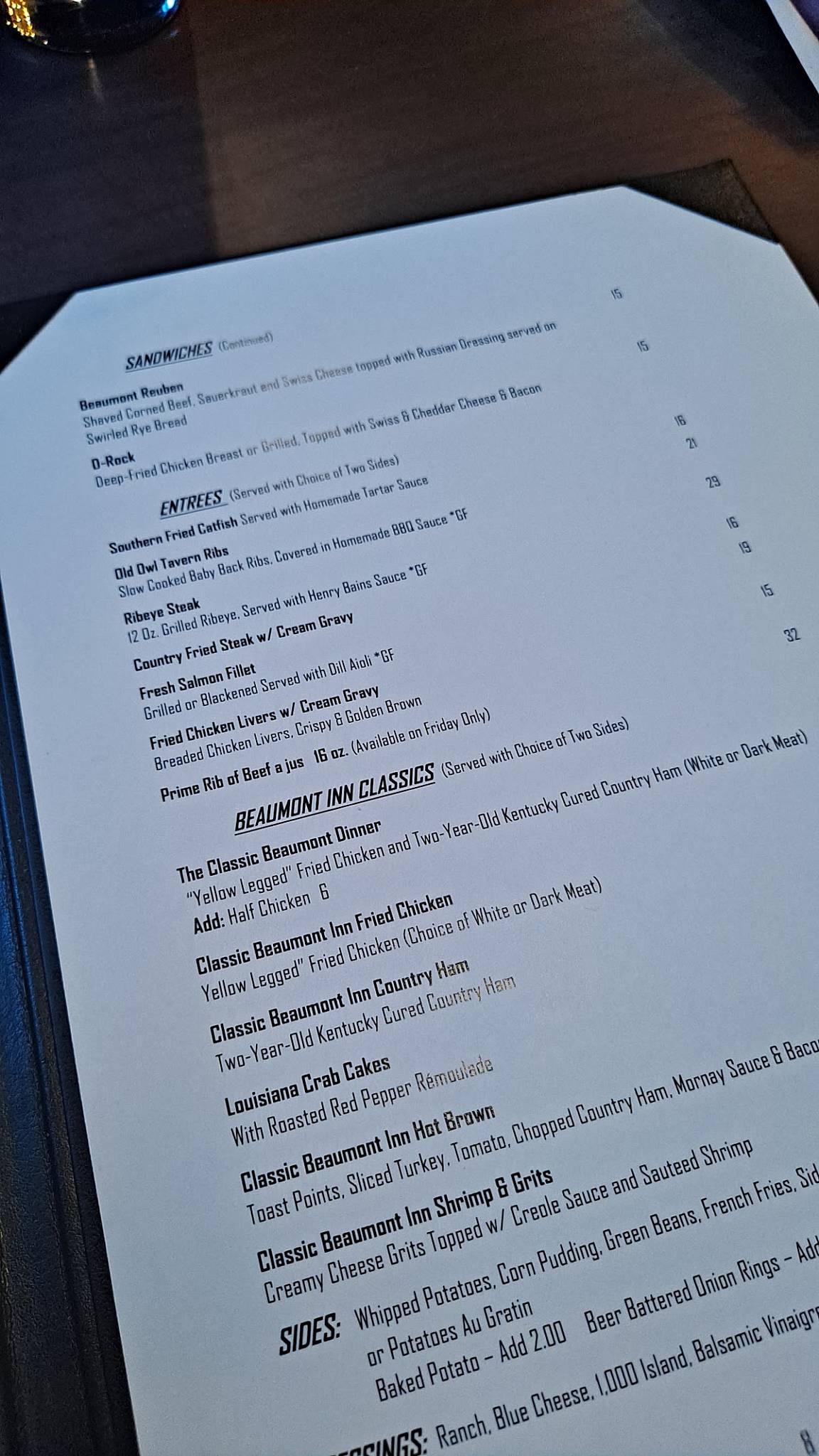 Menu at Old Owl Tavern pub & bar, Harrodsburg, 638 Beaumont Inn Dr