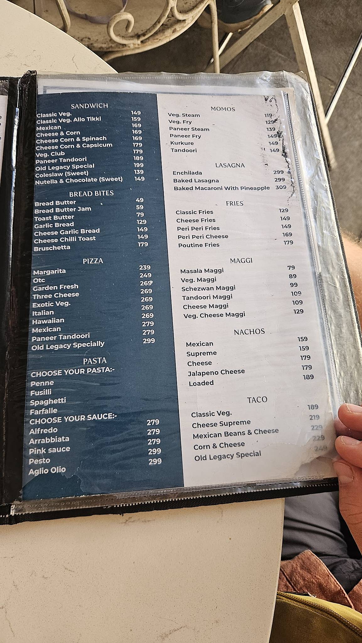 Menu at Old legacy cafe, Udaipur