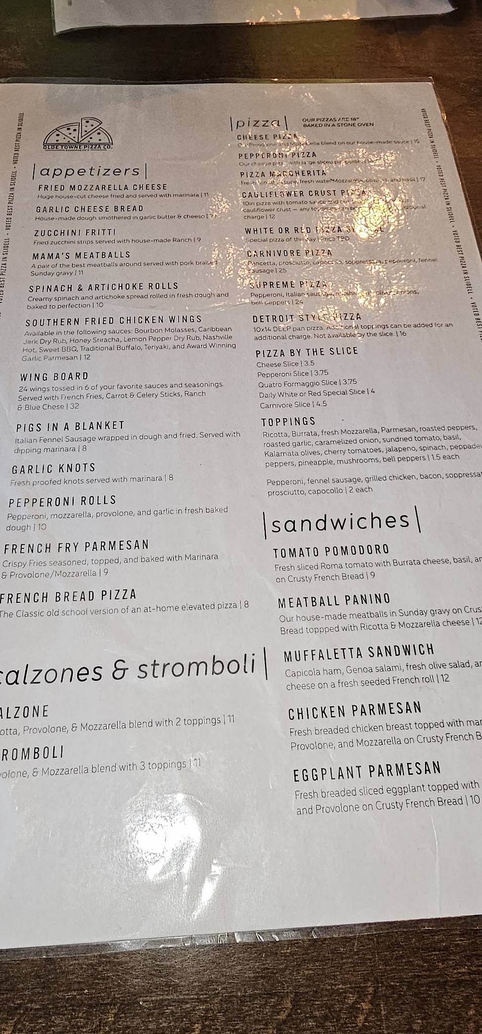 Menu at Olde Towne Pizza Company pizzeria, Slidell