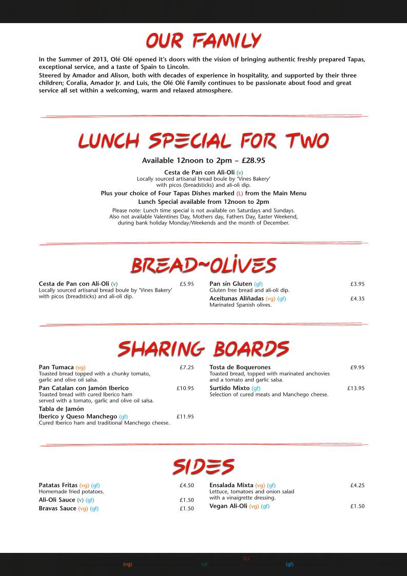 Menu at Olé Olé Tapas Bar & Restaurant, Lincoln