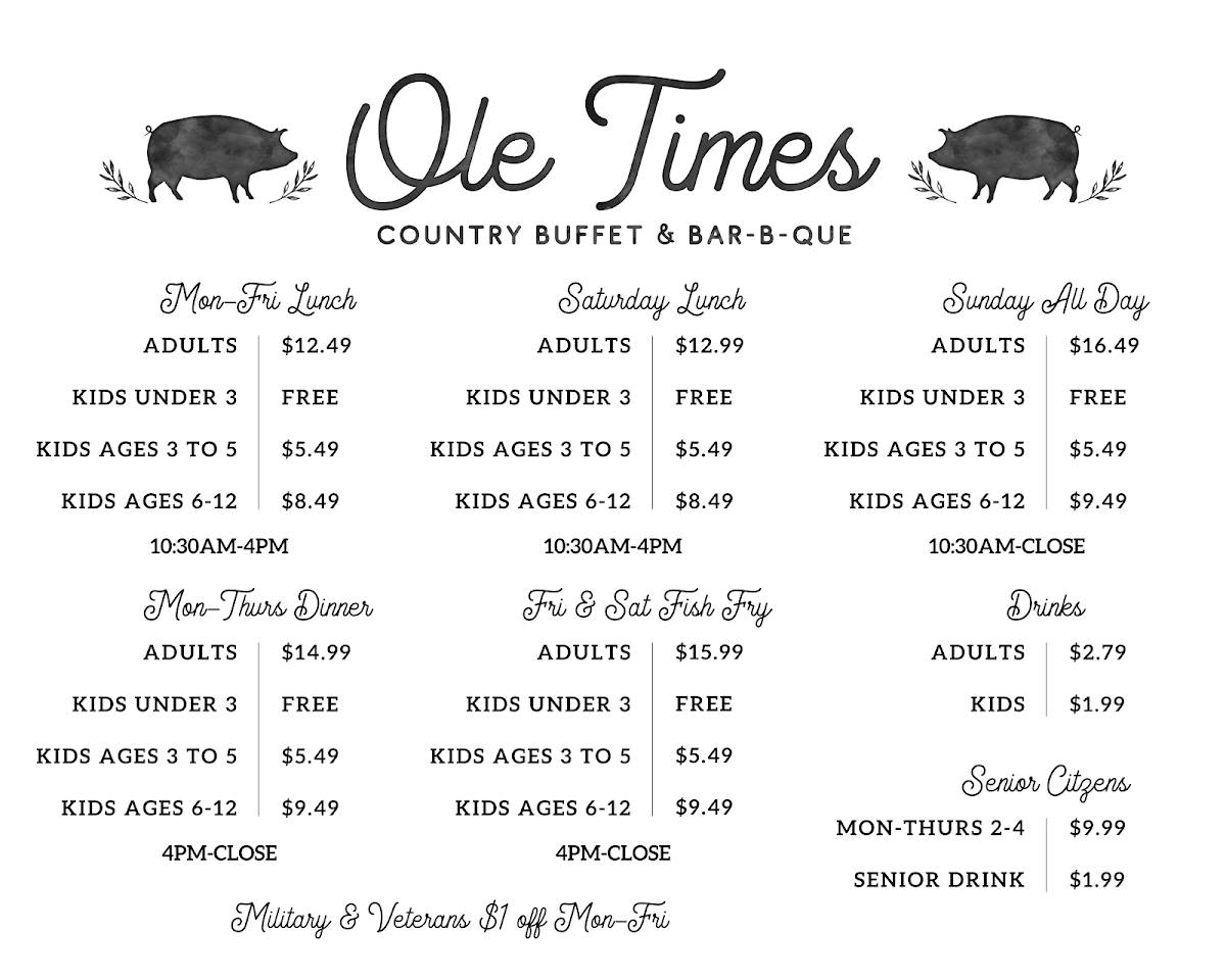 Menu at Ole Times Country Buffet restaurant, Columbus