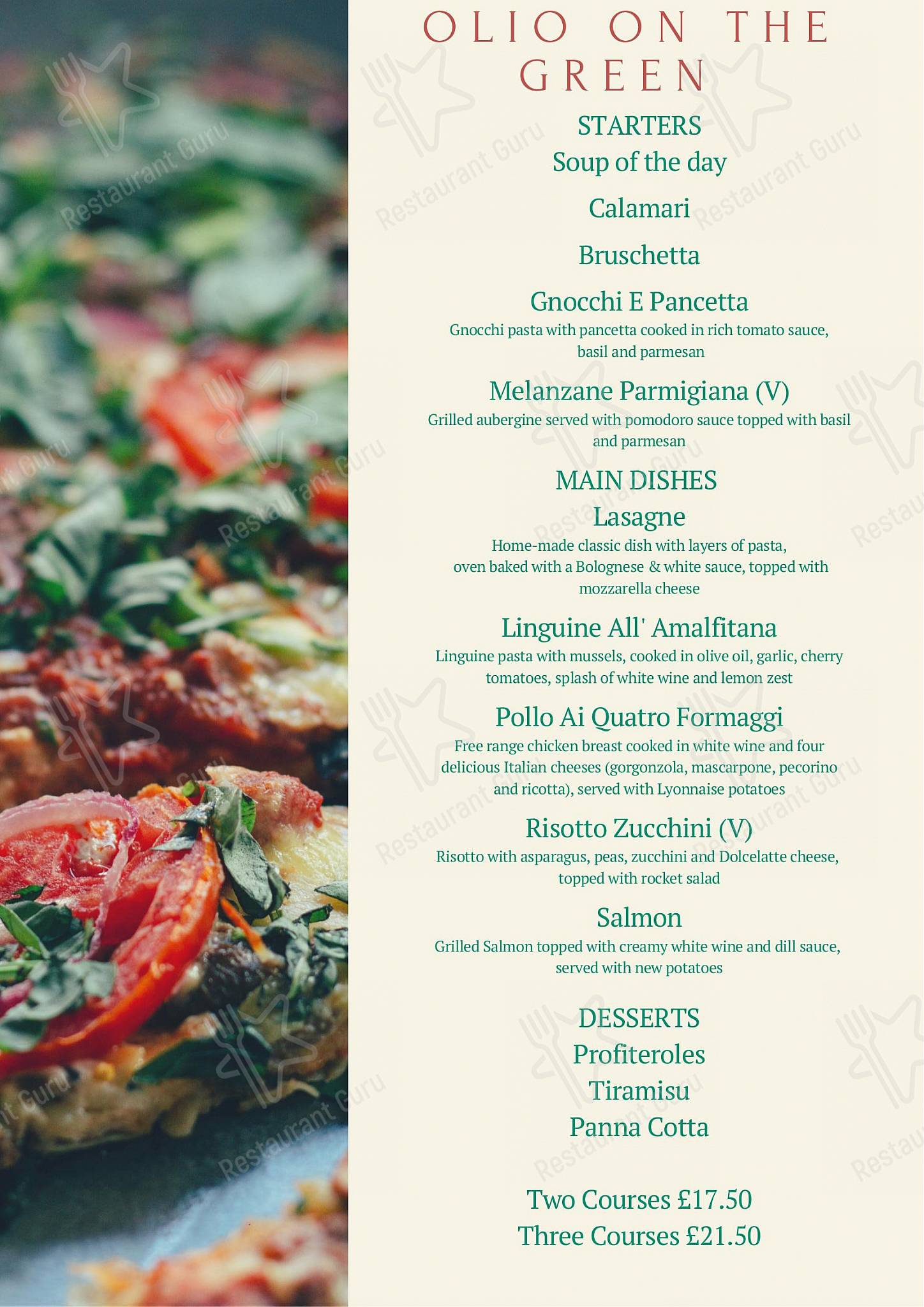 Menu at Olio on the Green pub & bar, Chelmsford