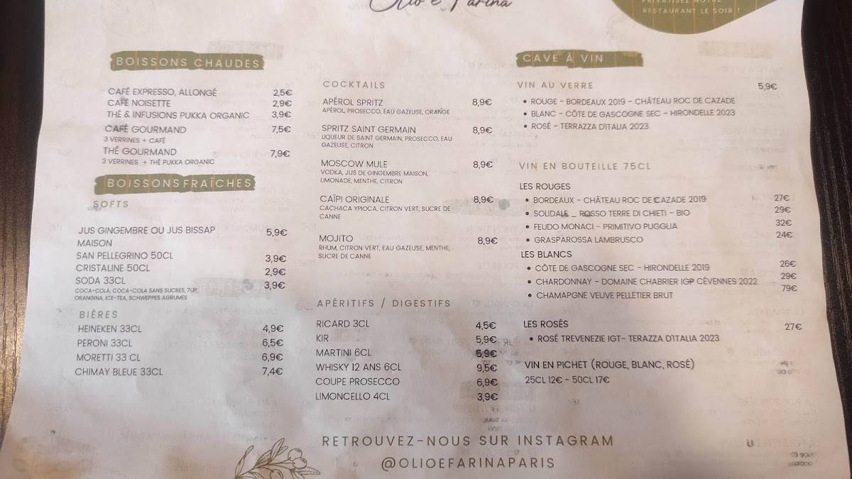 Menu au Olio e Farina Paris restaurant, Paris