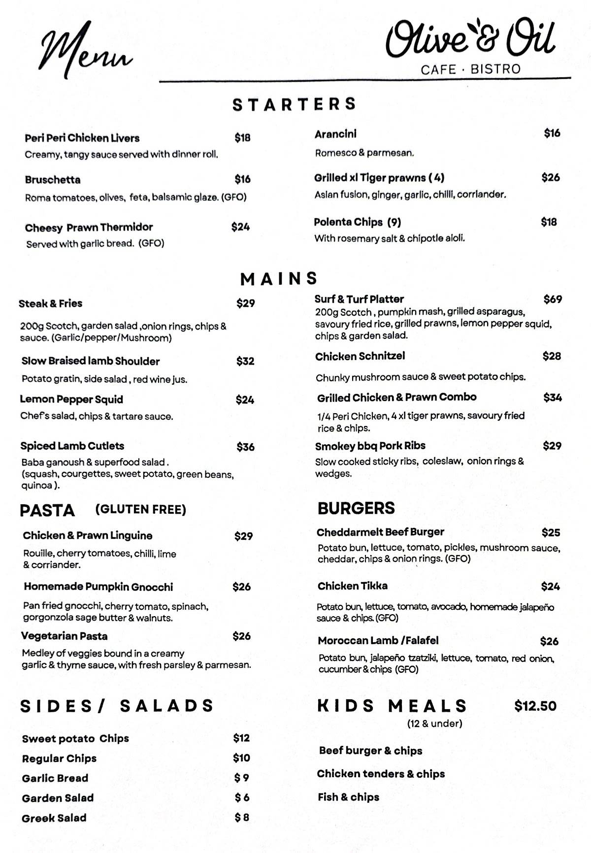 Menu at Olive and Oil Mount Pleasant cafe, Mount Pleasant