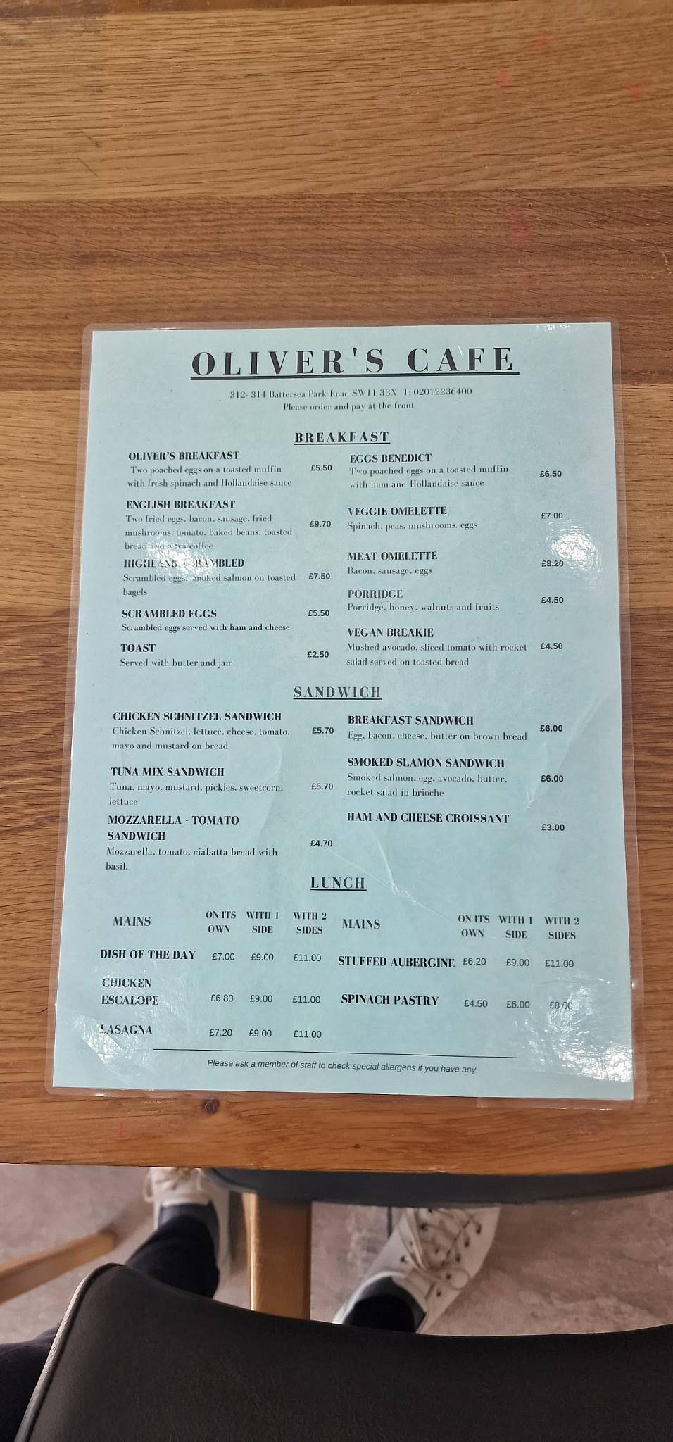 Menu at Oliver's Cafe, London, 312-314 Battersea Park Rd