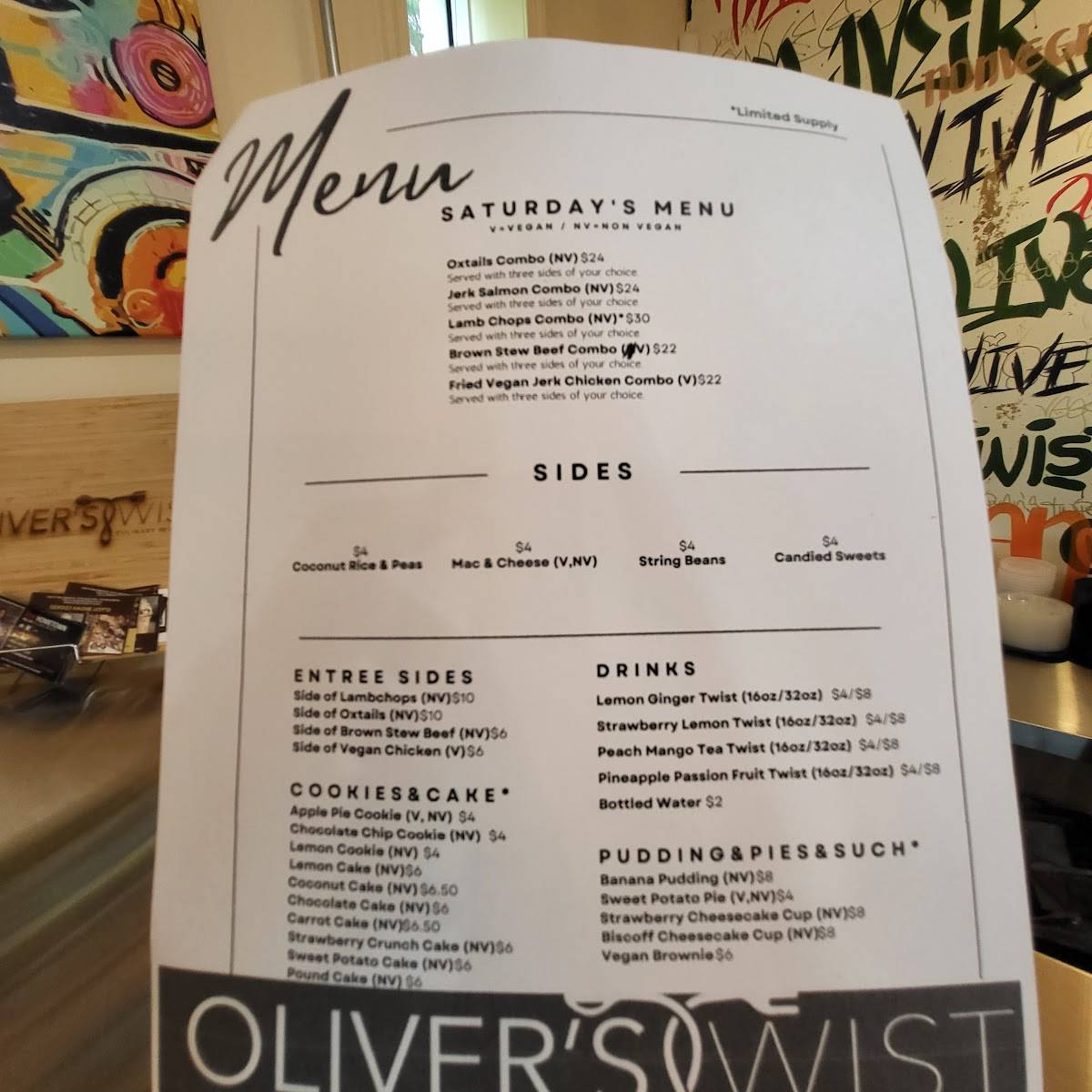 Menu at Oliver's Twist restaurant, Glassboro