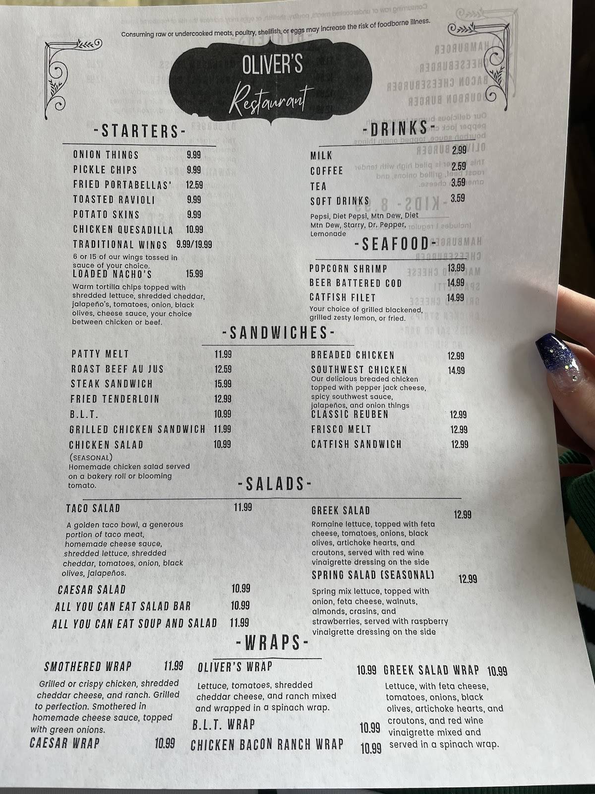 Menu at Oliver's steakhouse, Warrenton
