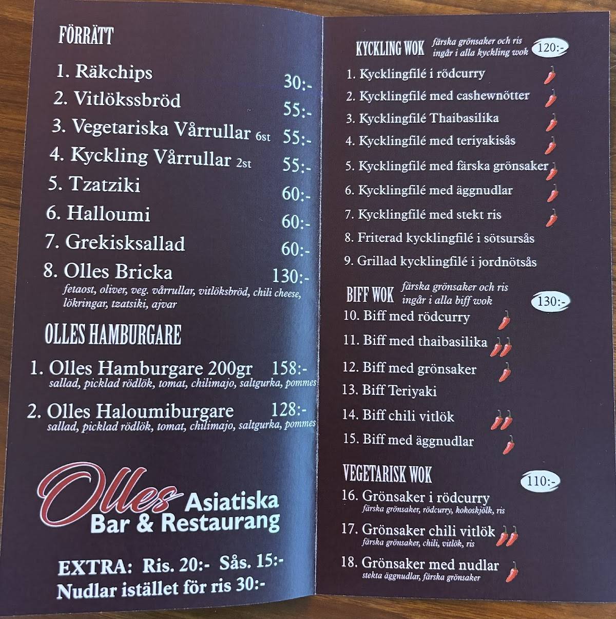 Menu at Olles Asiatiska Bar och Restaurang, Kungsör