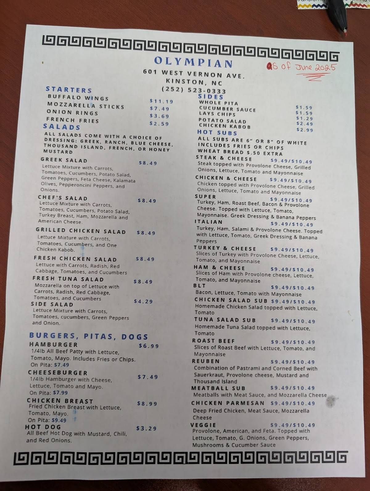 Menu at Olympian Restaurant, Kinston