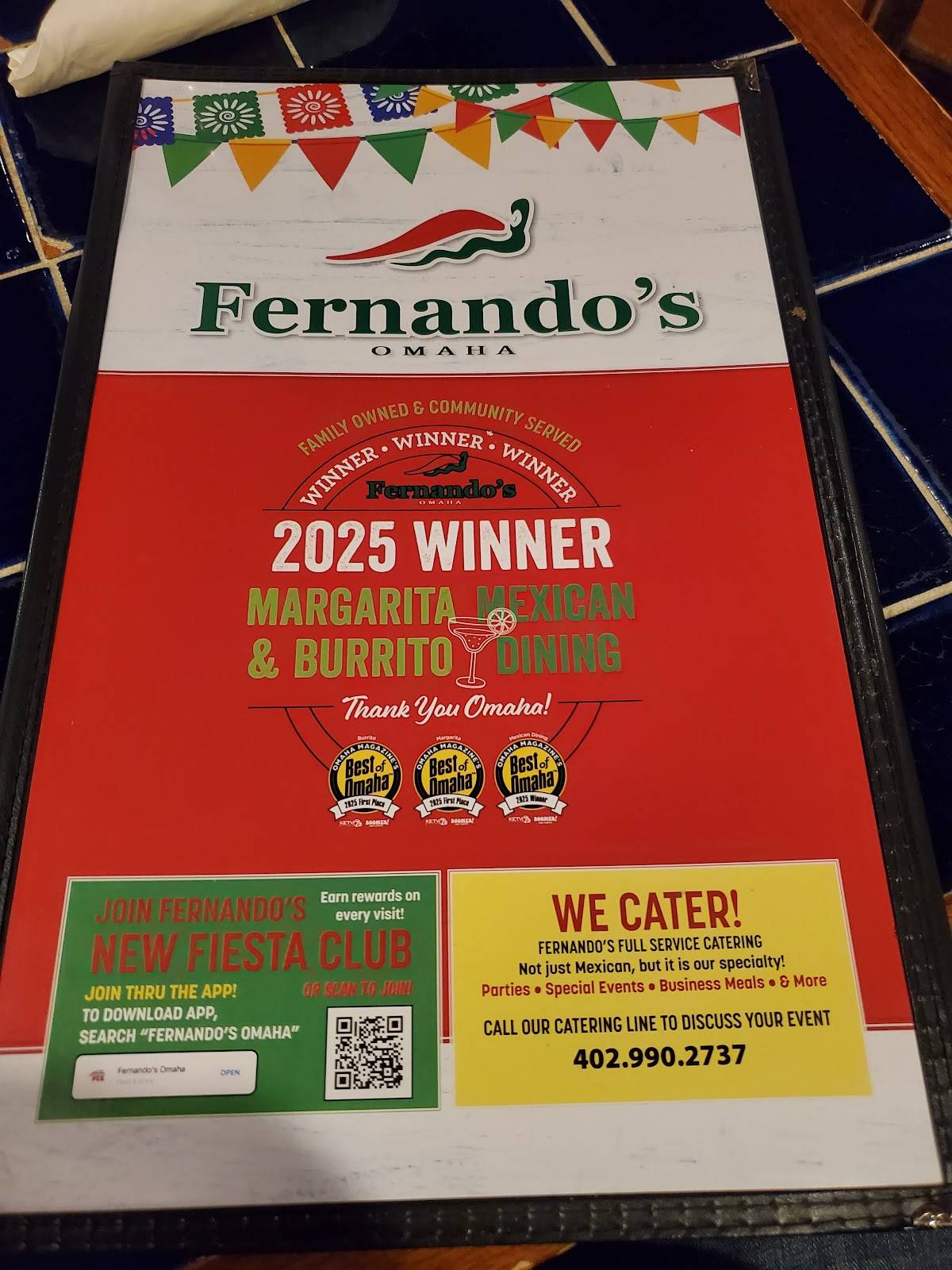 Menu at Fernando's Omaha restaurant, Omaha, Pacific St