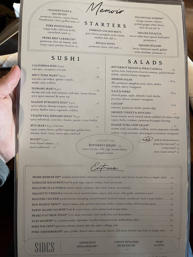 Menu at Memoir restaurant, Omaha