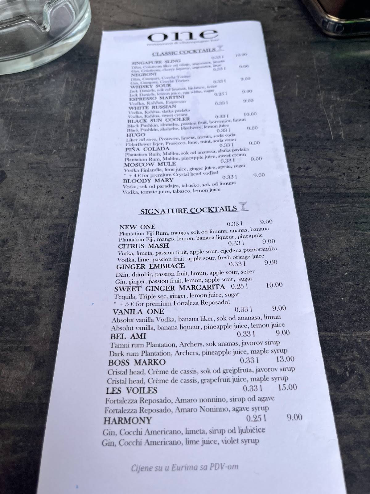 Menu at One restaurant, Tivat