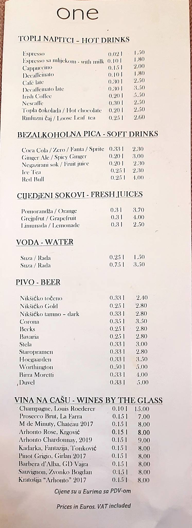 Menu at One restaurant, Tivat
