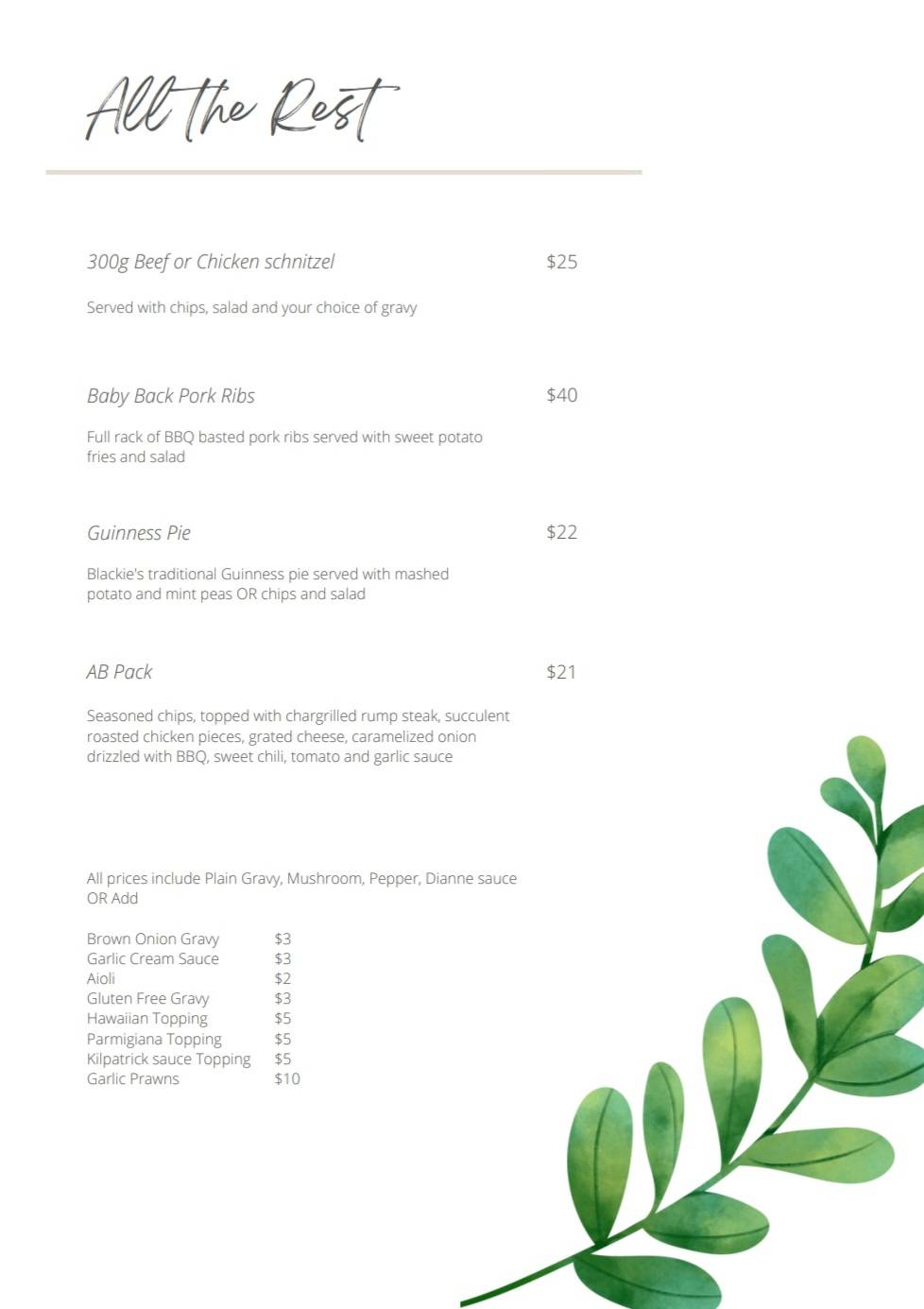 Menu at The Blacksmith's Inn restaurant, One Tree Hill