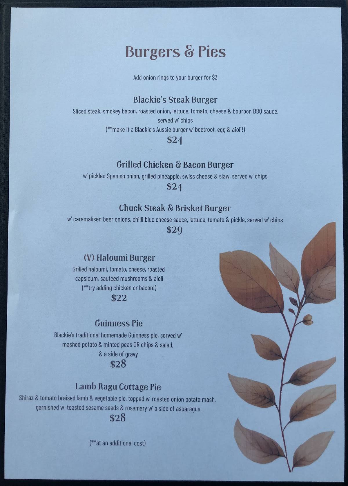 Menu at The Blacksmith's Inn restaurant, One Tree Hill